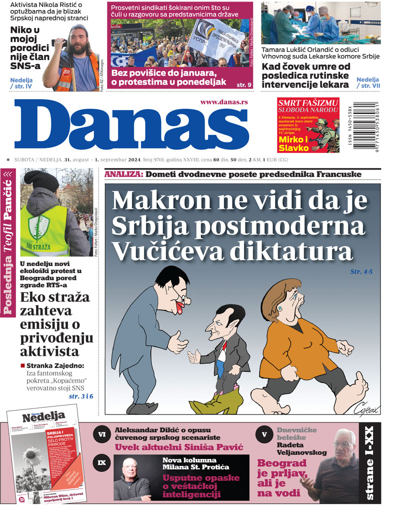 Naslovna strana za 31. avgust i 1. septembar 2024. - Dnevni list Danas