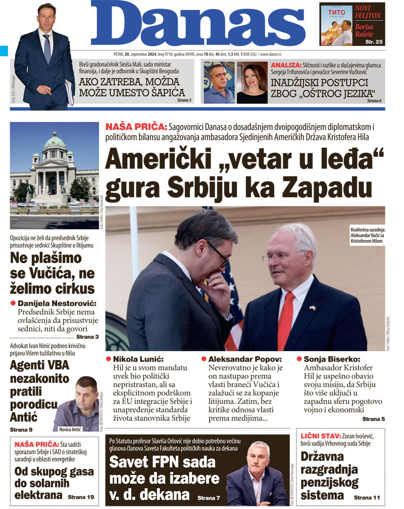 Naslovna strana za 20. septembar 2024. - Dnevni list Danas