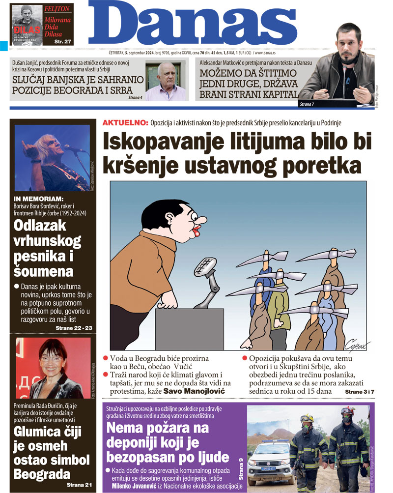 Naslovna strana za 5. septembar 2024. - Dnevni list Danas
