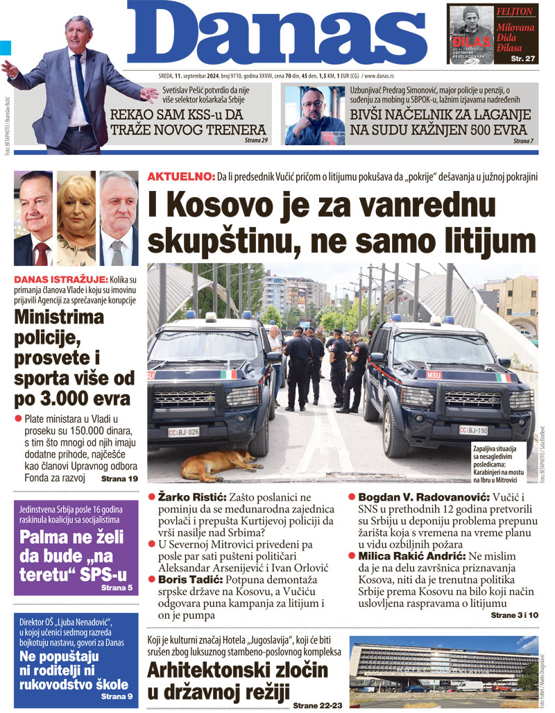 Naslovna strana za 11. septembar 2024. - Dnevni list Danas