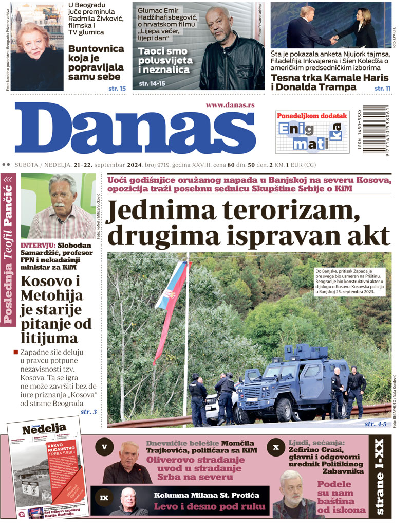 Naslovna strana za 21. i 22. septembar 2024. - Dnevni list Danas