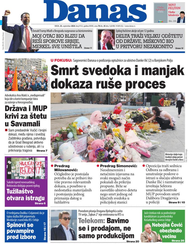 Naslovna strana za 25. septembar 2024. - Dnevni list Danas