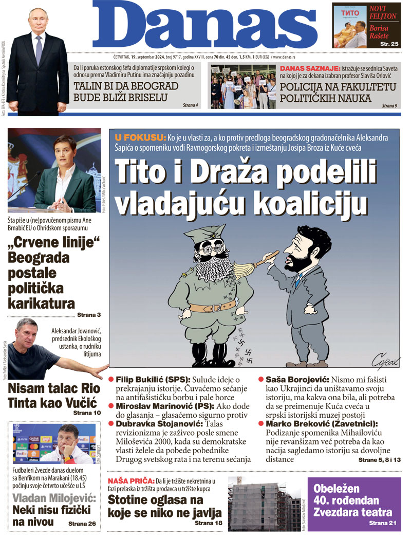 Naslovna strana za 19. septembar 2024. - Dnevni list Danas