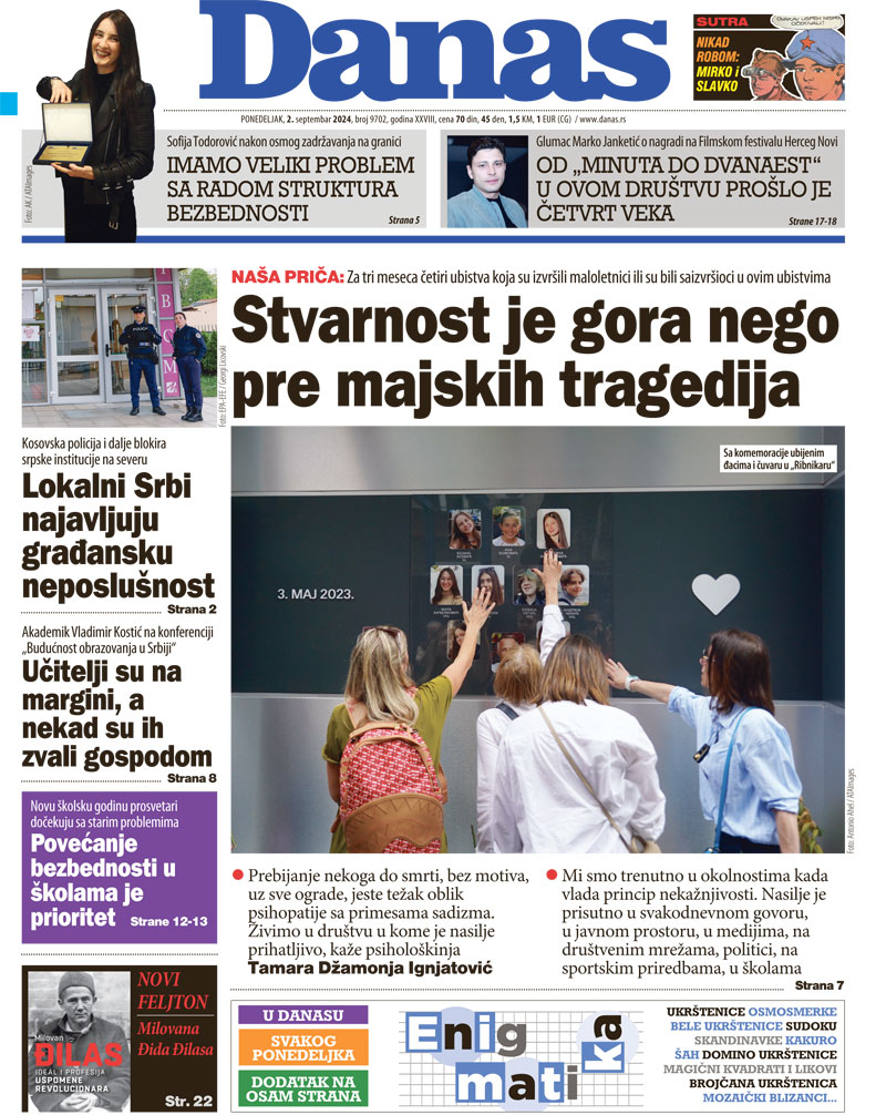 Naslovna strana za 2. septembar 2024. - Dnevni list Danas