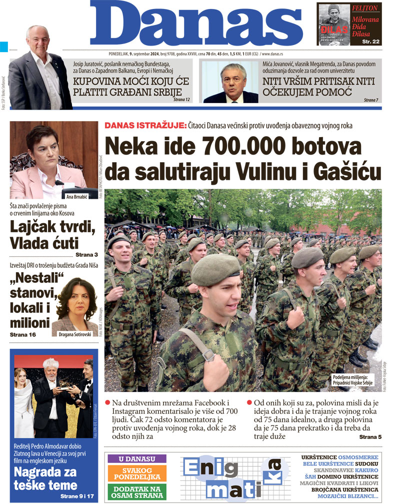Naslovna strana za 9. septembar 2024. - Dnevni list Danas