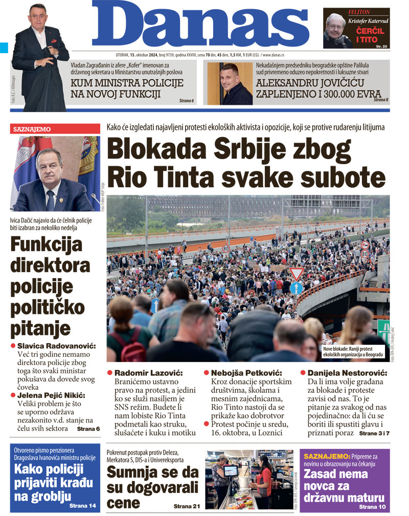 Naslovna strana za 15. oktobar 2024. - Dnevni list Danas