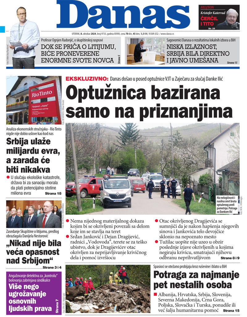 Naslovna strana za 8. oktobar 2024. - Dnevni list Danas