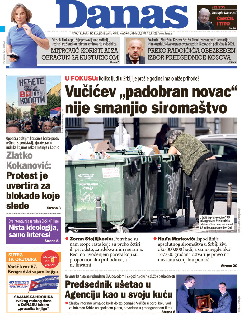 Naslovna strana za 18. oktobar 2024. - Dnevni list Danas