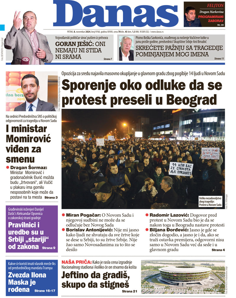 Naslovna strana za 8. novembar 2024. - Dnevni list Danas