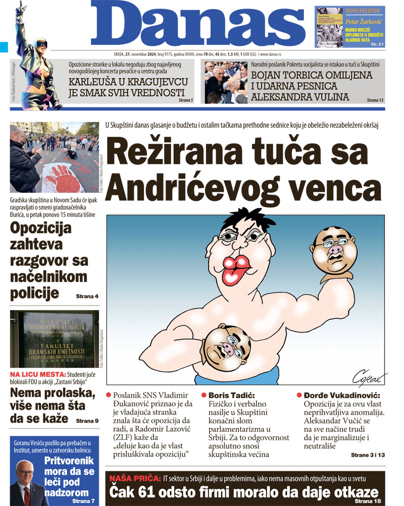 Naslovna strana za 27. novembar 2024. - Dnevni list Danas