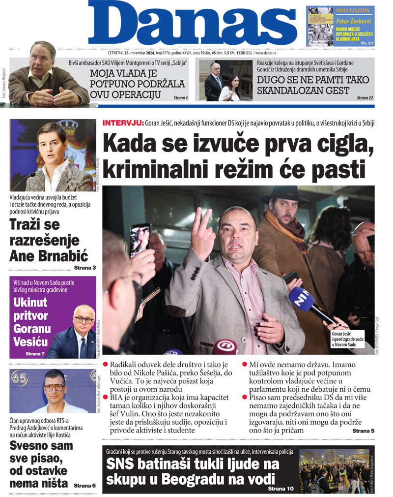 Naslovna strana za 28. novembar 2024. - Dnevni list Danas