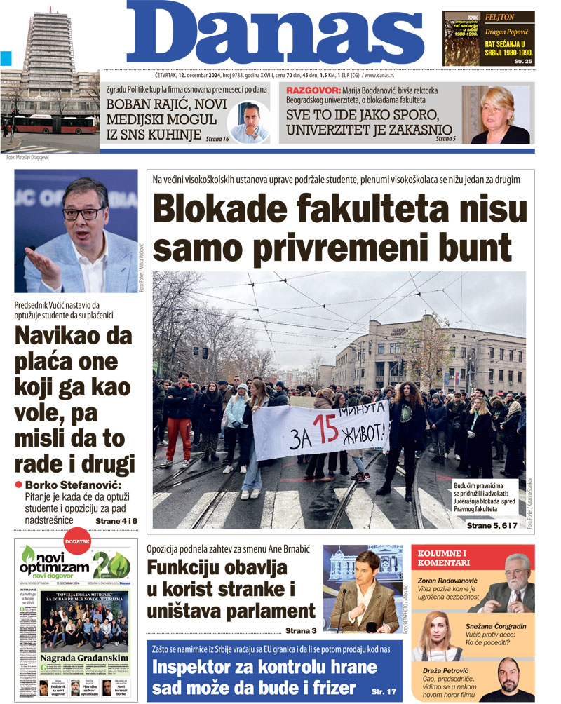 Naslovna strana za 12. decembar 2024. - Dnevni list Danas
