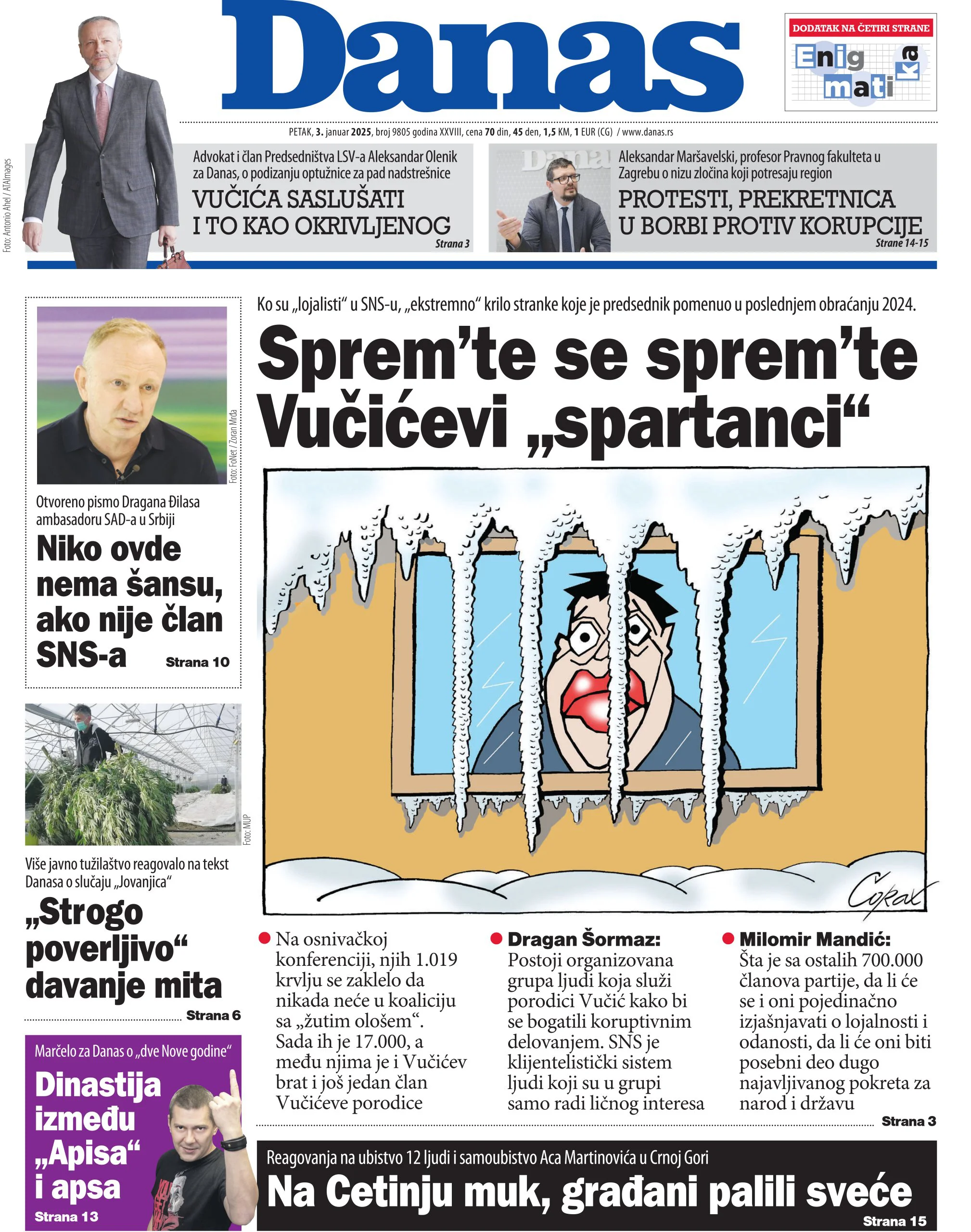 Naslovna za 3. januar 2025. - Dnevni list Danas