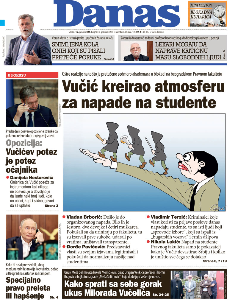 Naslovna za 15. januar 2025. - Dnevni list Danas
