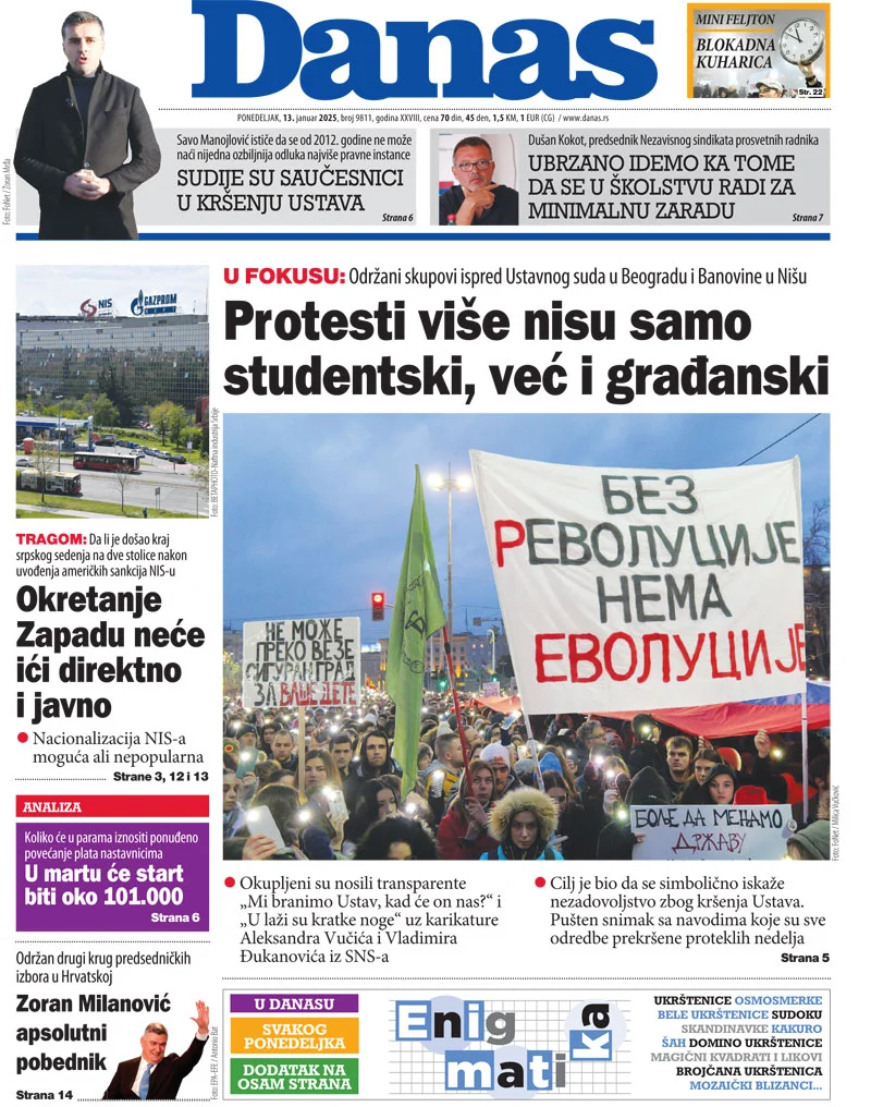 Naslovna za 13. januar 2025. - Dnevni list Danas