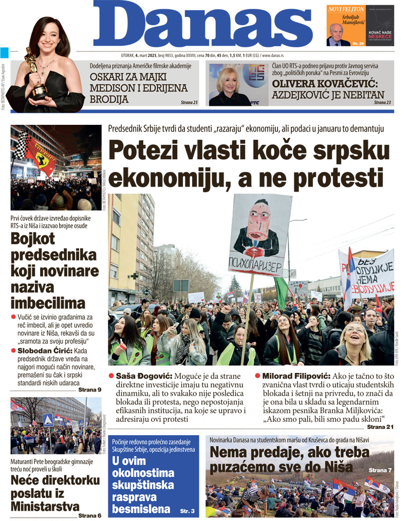Naslovna strana za 4. mart 2025. - Dnevni list Danas