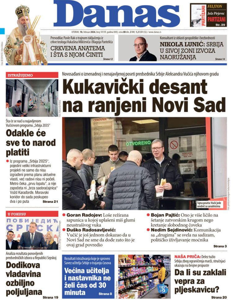 Naslovna strana za 10. februar 2026. - Dnevni list Danas