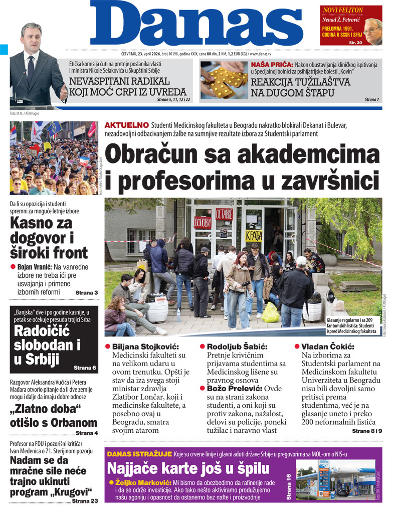 Naslovna strana za 23. april 2026. - Dnevni list Danas