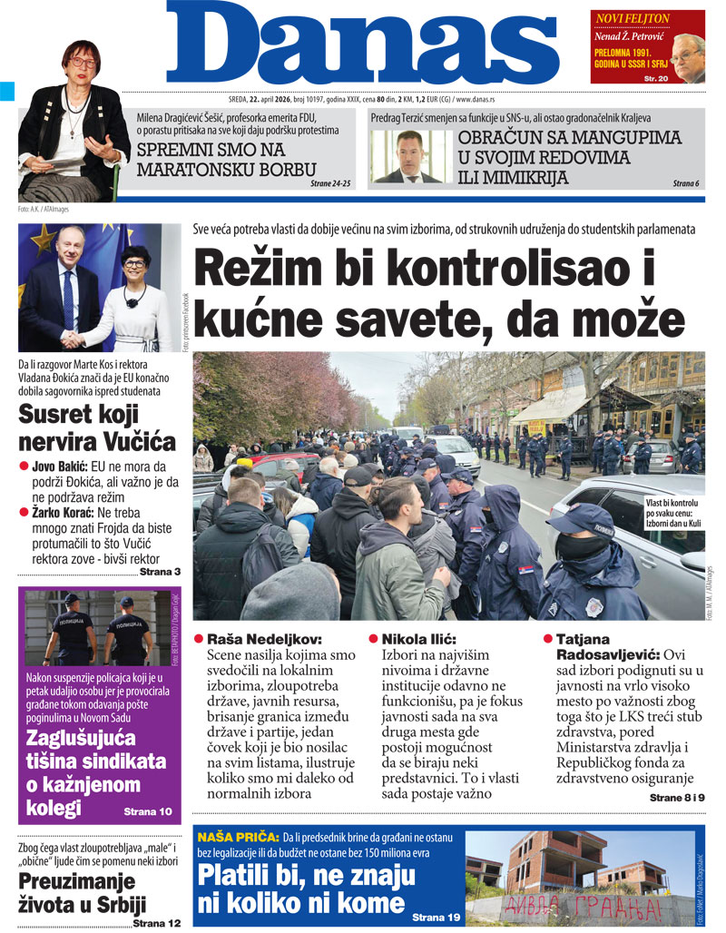 Naslovna strana za 22. april 2026. - Dnevni list Danas