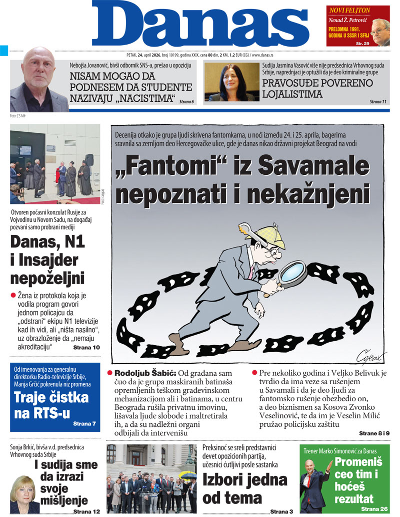 Naslovna strana za 24. april 2026. - Dnevni list Danas